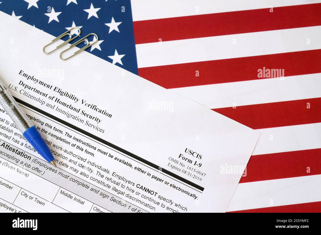 I-9 Employment Eligibility Verification blank form lies on United ...