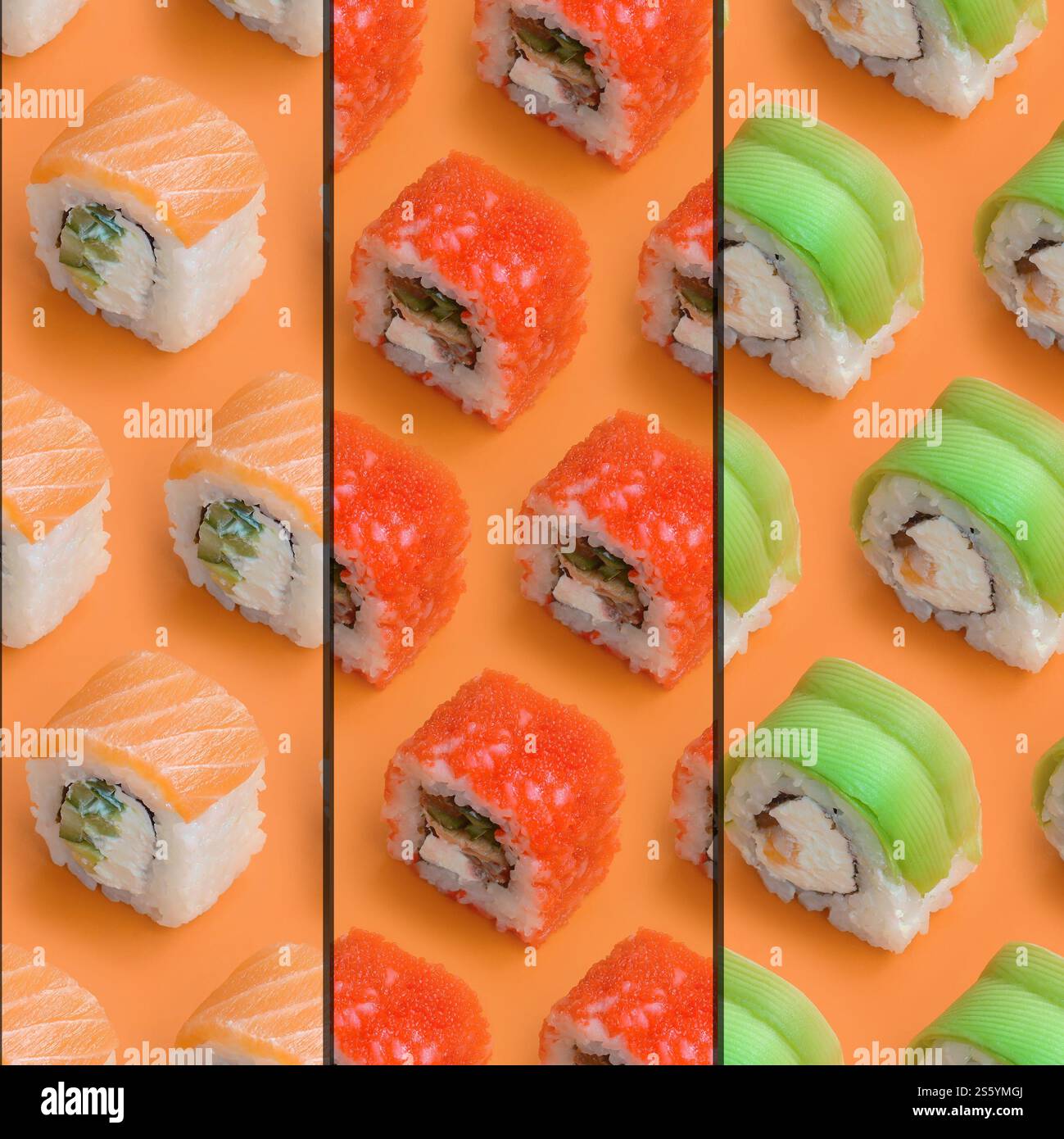Collage with Different types of asian sushi rolls on orange background ...