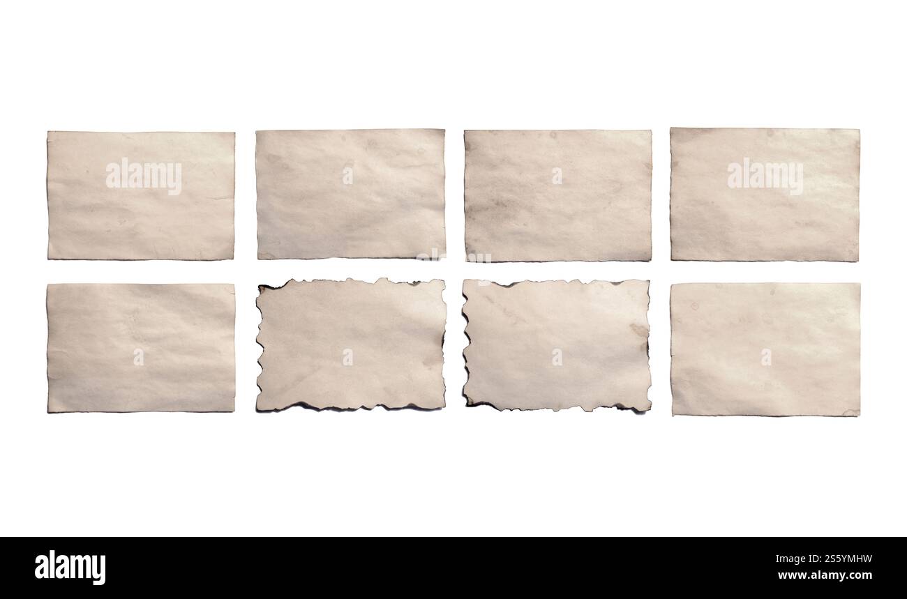 Set of old blank pieces of antique vintage crumbling paper manuscript ...
