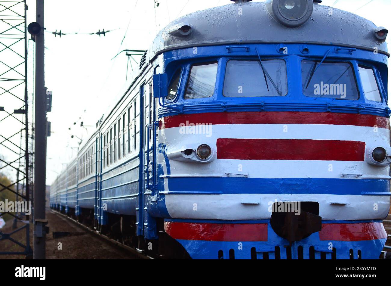 Suburban electric train. Old soviet electric train with outdated design ...