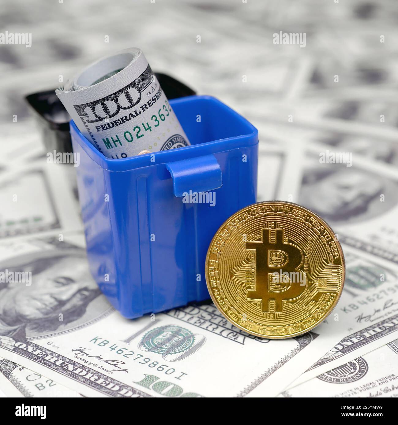 American cash notes are thrown into the trash bin at golden bitcoin on ...