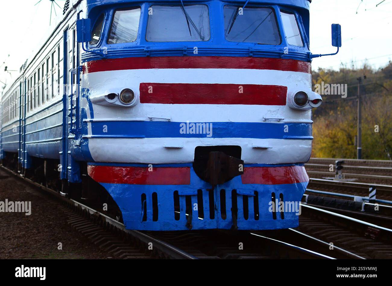 Suburban electric train. Old soviet electric train with outdated design ...