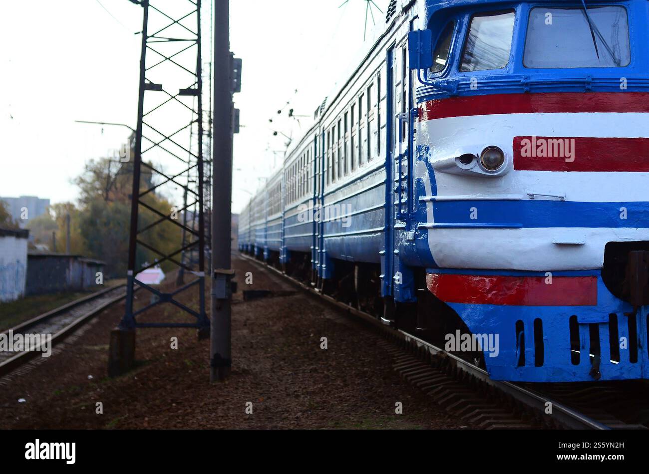 Suburban electric train. Old soviet electric train with outdated design ...