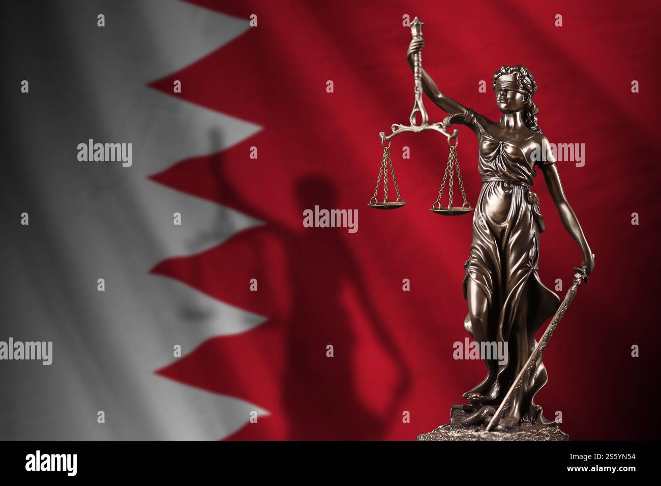 Bahrain flag with statue of lady justice and judicial scales in dark ...