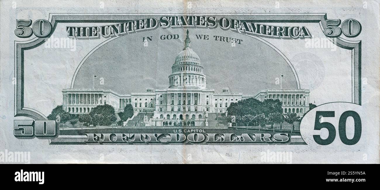 US Capitol on 50 dollars banknote back side closeup macro fragment ...