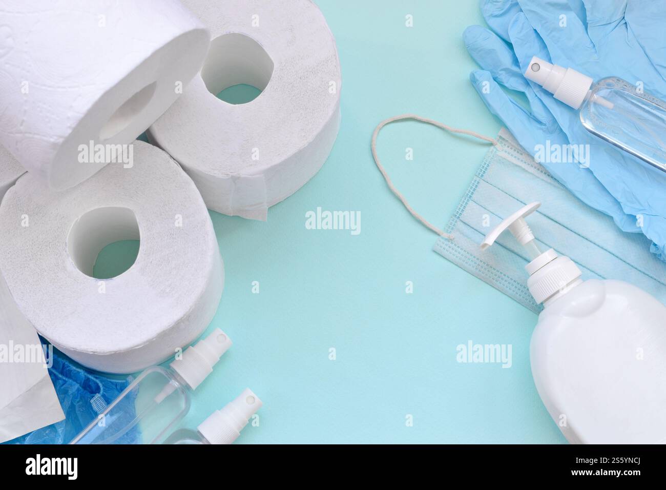 Set of important items for Covid-19 quarantine times. Toilet paper ...