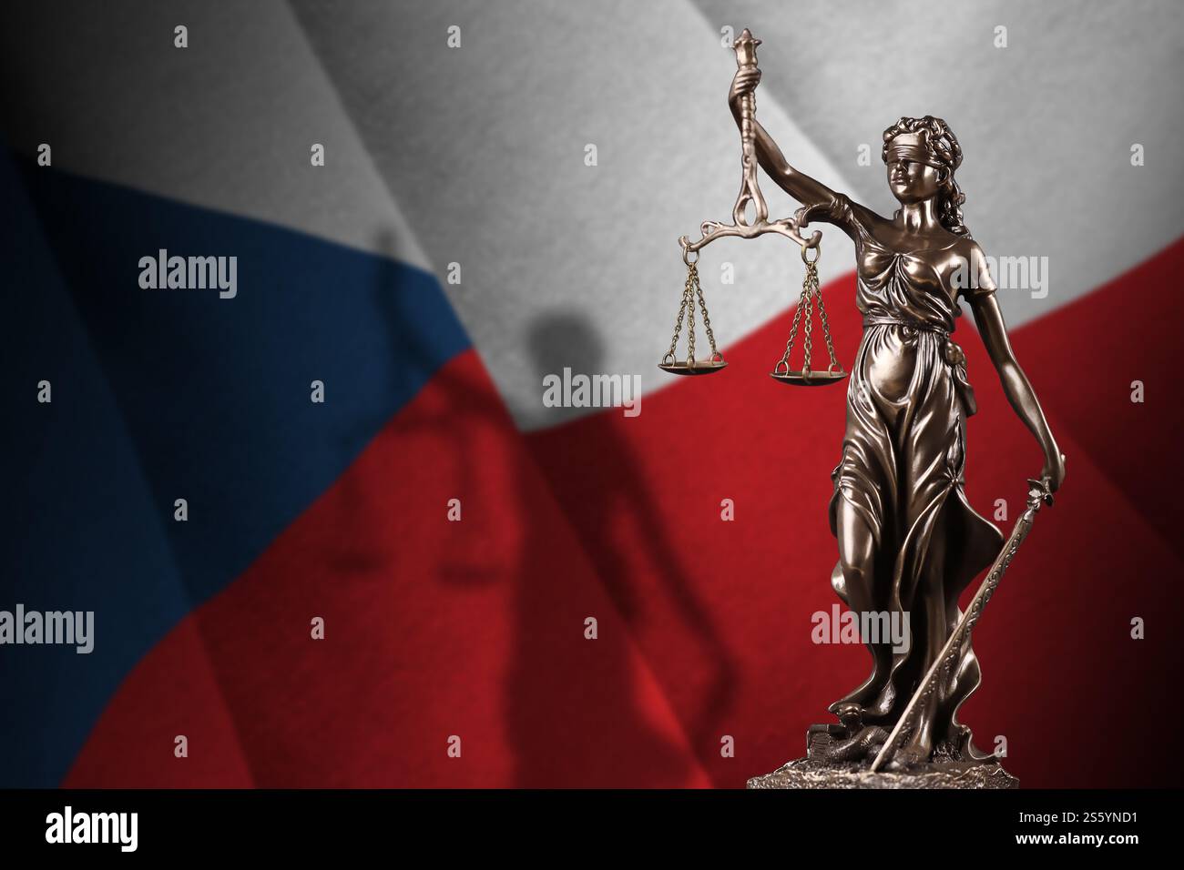 Czech flag with statue of lady justice and judicial scales in dark room ...