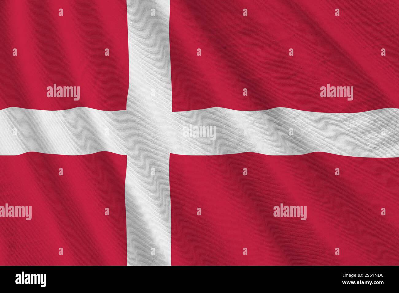Denmark flag with big folds waving close up under the studio light ...