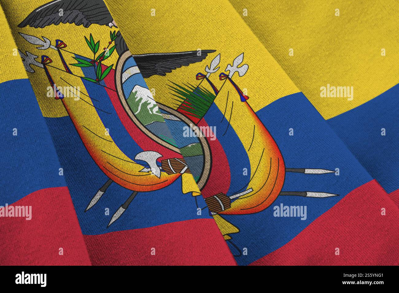 Ecuador flag with big folds waving close up under the studio light ...