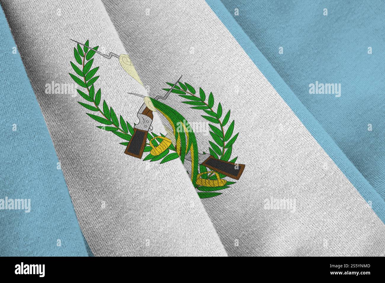 Guatemala flag with big folds waving close up under the studio light ...