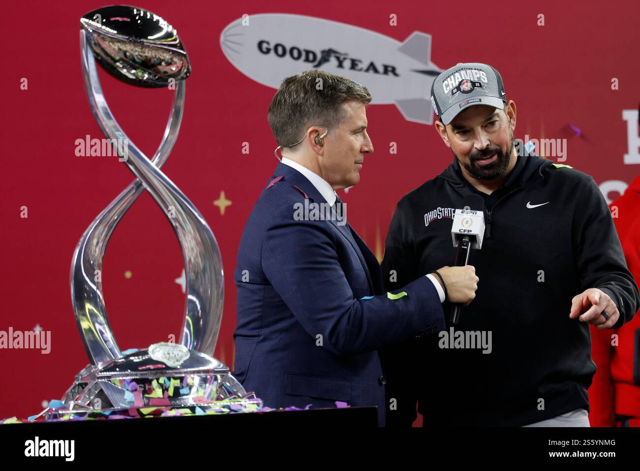 Ohio State head coach Ryan Day is interviewed by ESPN 's Reece Davis ...