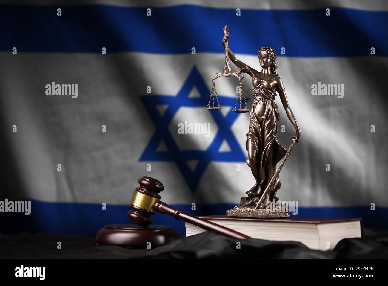 Israel flag with statue of lady justice, constitution and judge hammer ...