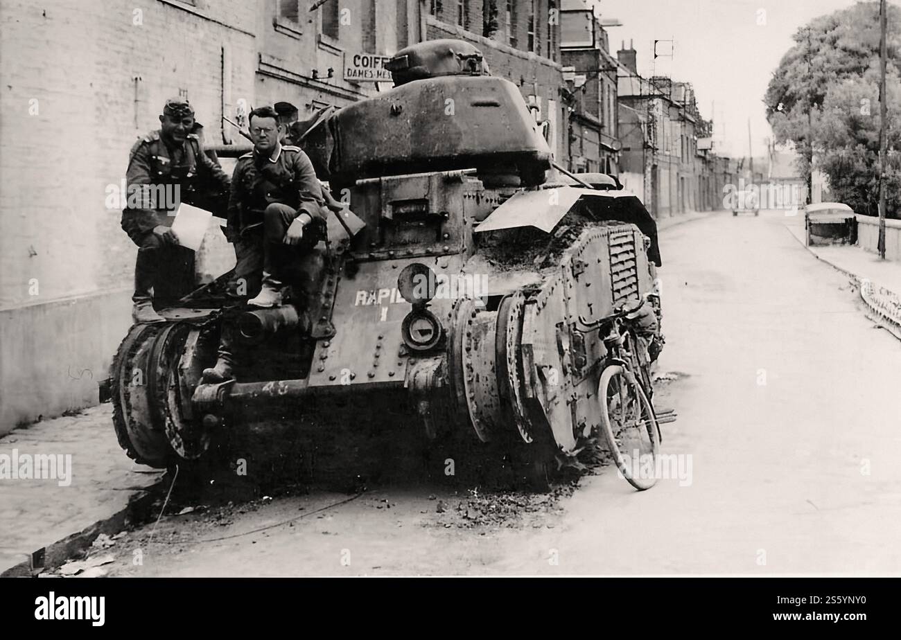 German soldiers photographed on the French tank armor Char B1-bis № 249 ...