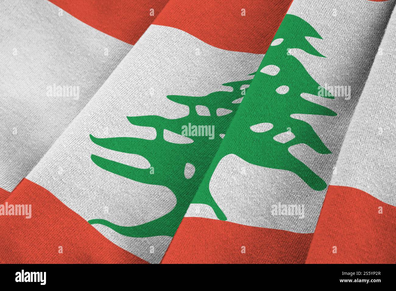 Lebanon flag with big folds waving close up under the studio light ...