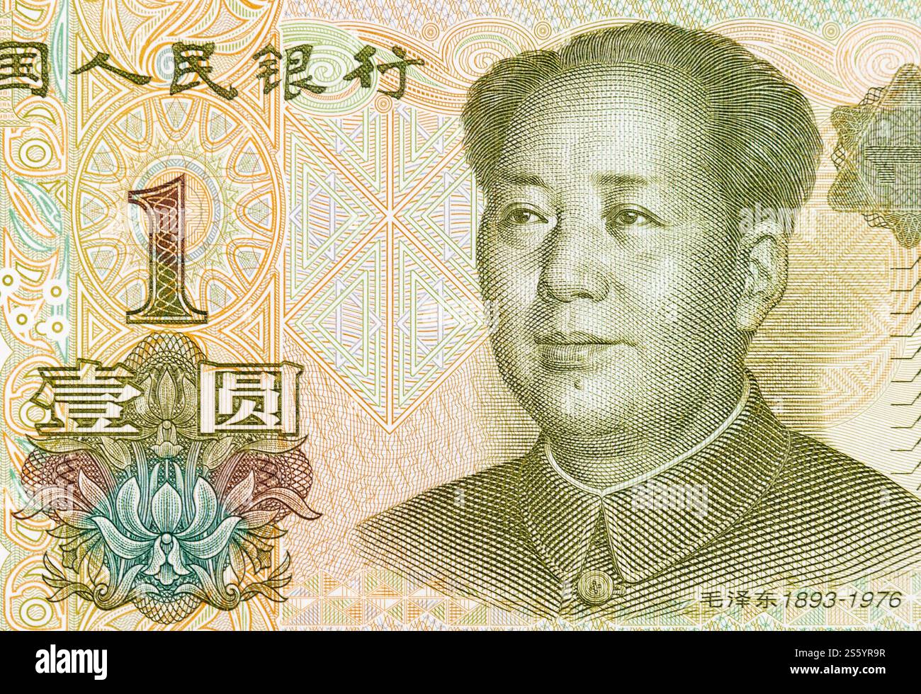Mao Zedong portrait on beige China 1 yuan 1999 Banknote in good ...