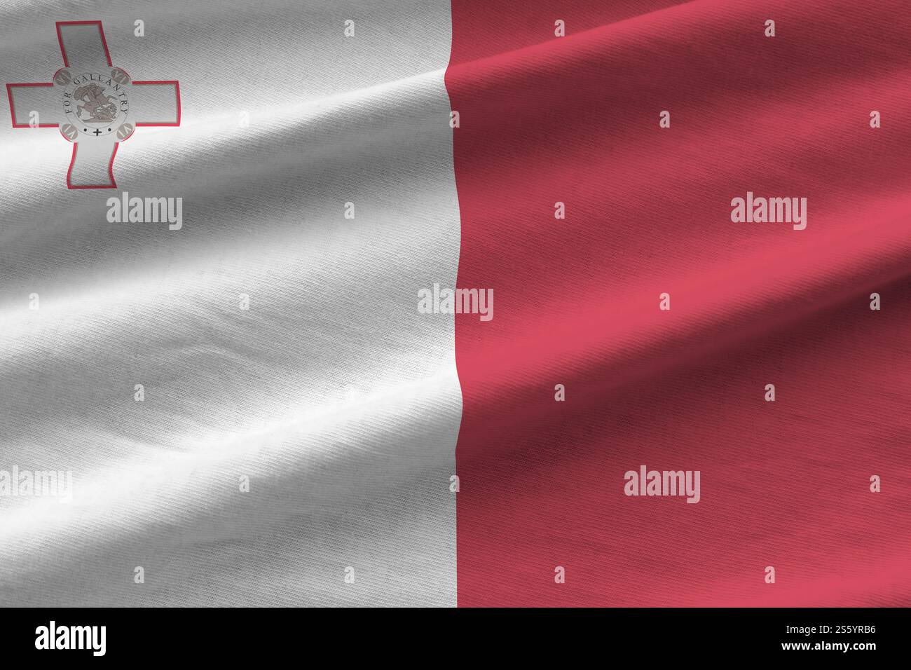 Malta flag with big folds waving close up under the studio light ...