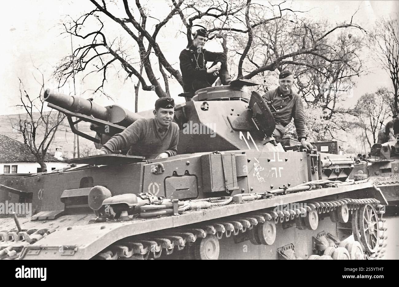 Crew of German soldiers on an armored vehicle Panzerkampfwagen IV Ausf ...