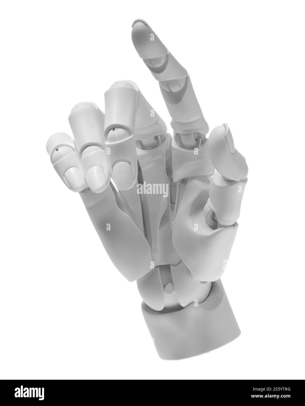 Artificial intelligence. Robot hand pointing at something on white ...