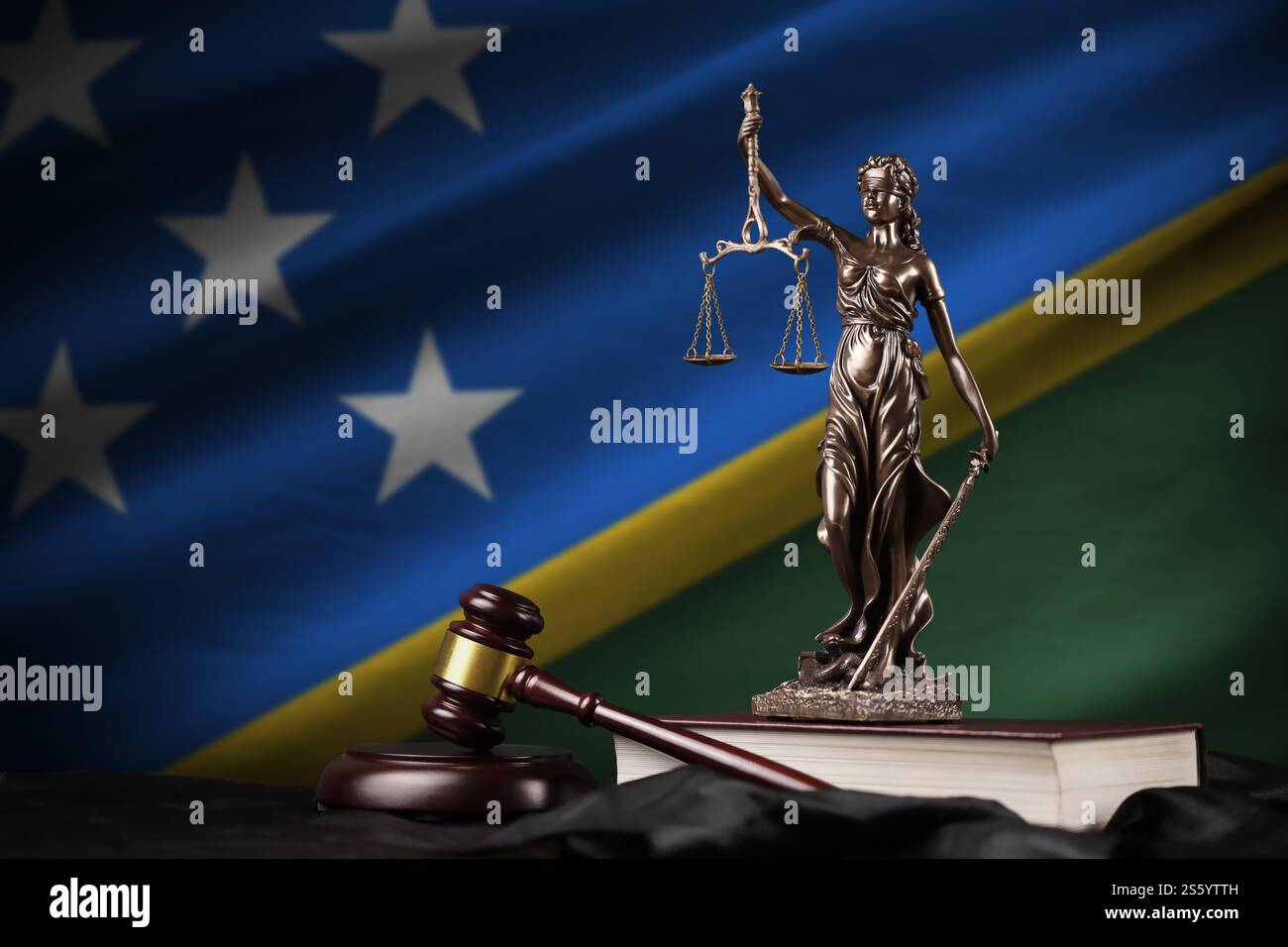 Solomon Islands flag with statue of lady justice, constitution and ...