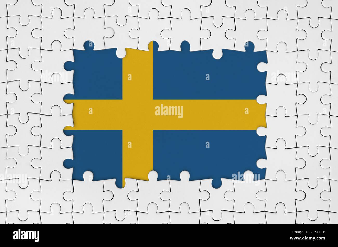 Sweden flag in frame of white puzzle pieces with missing central parts ...