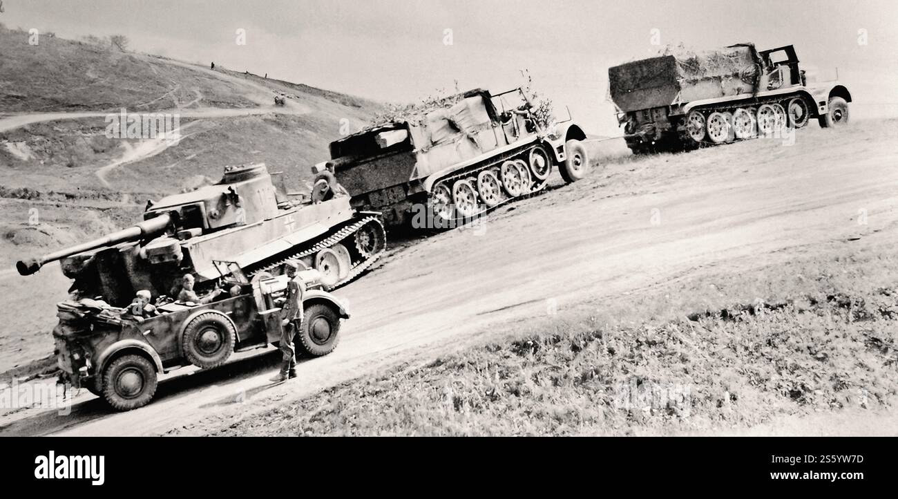 Two tractors towing defective German tank Pz.Kpfw. VI «Tiger ...