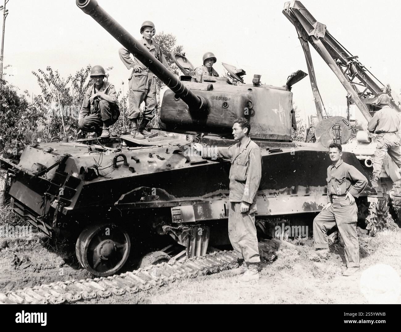 burnt tank M4 'Sherman' during evacuation on the road in Italy ...