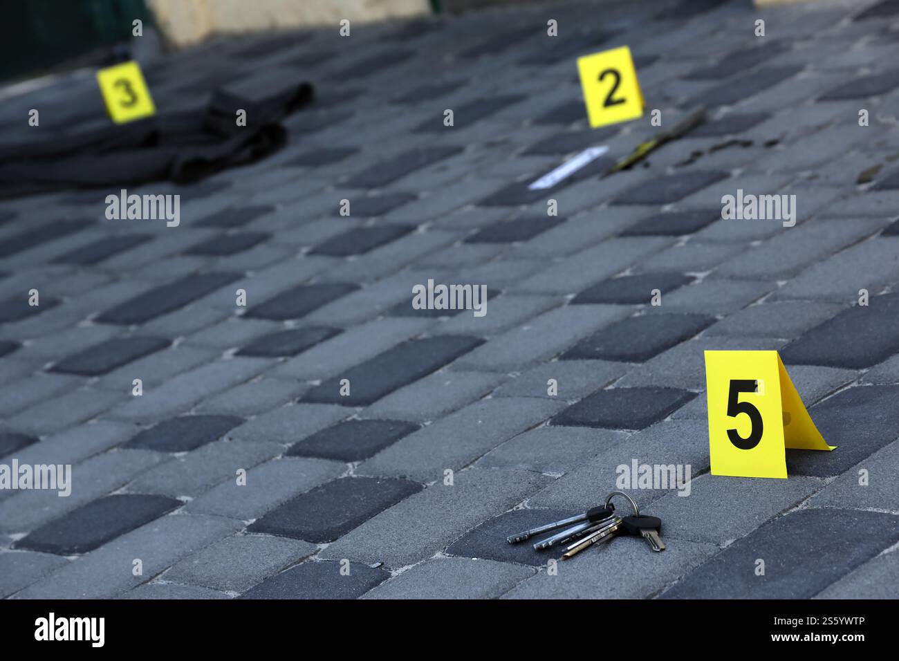 Evidence with yellow CSI marker for evidence numbering on the ...
