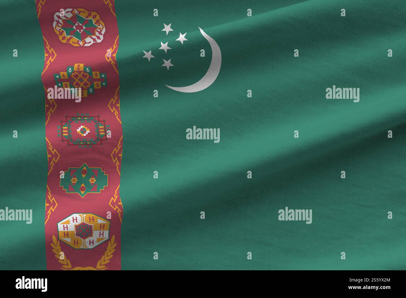 Turkmenistan flag with big folds waving close up under the studio light ...