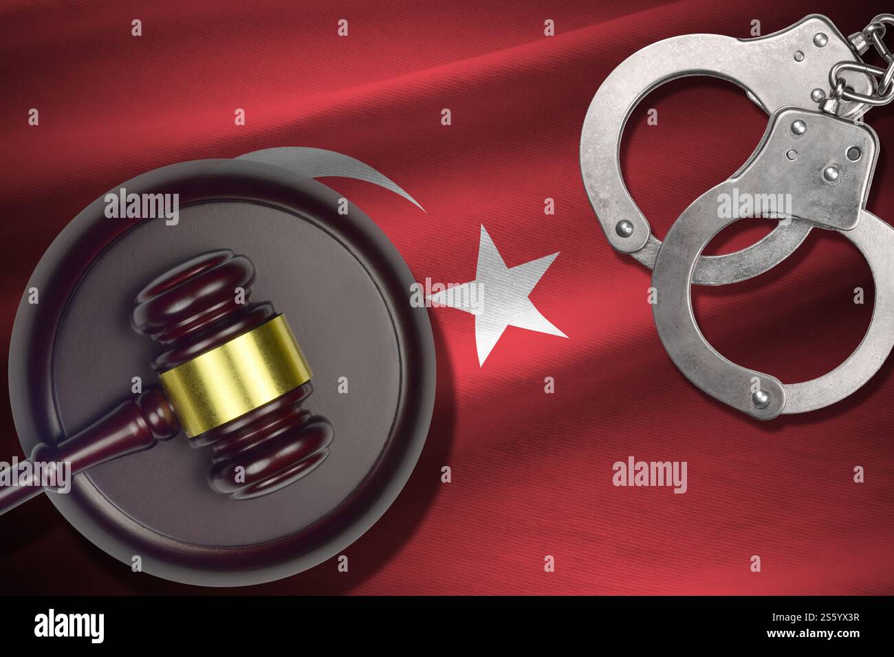Turkey flag with judge mallet and handcuffs in dark room. Concept of ...