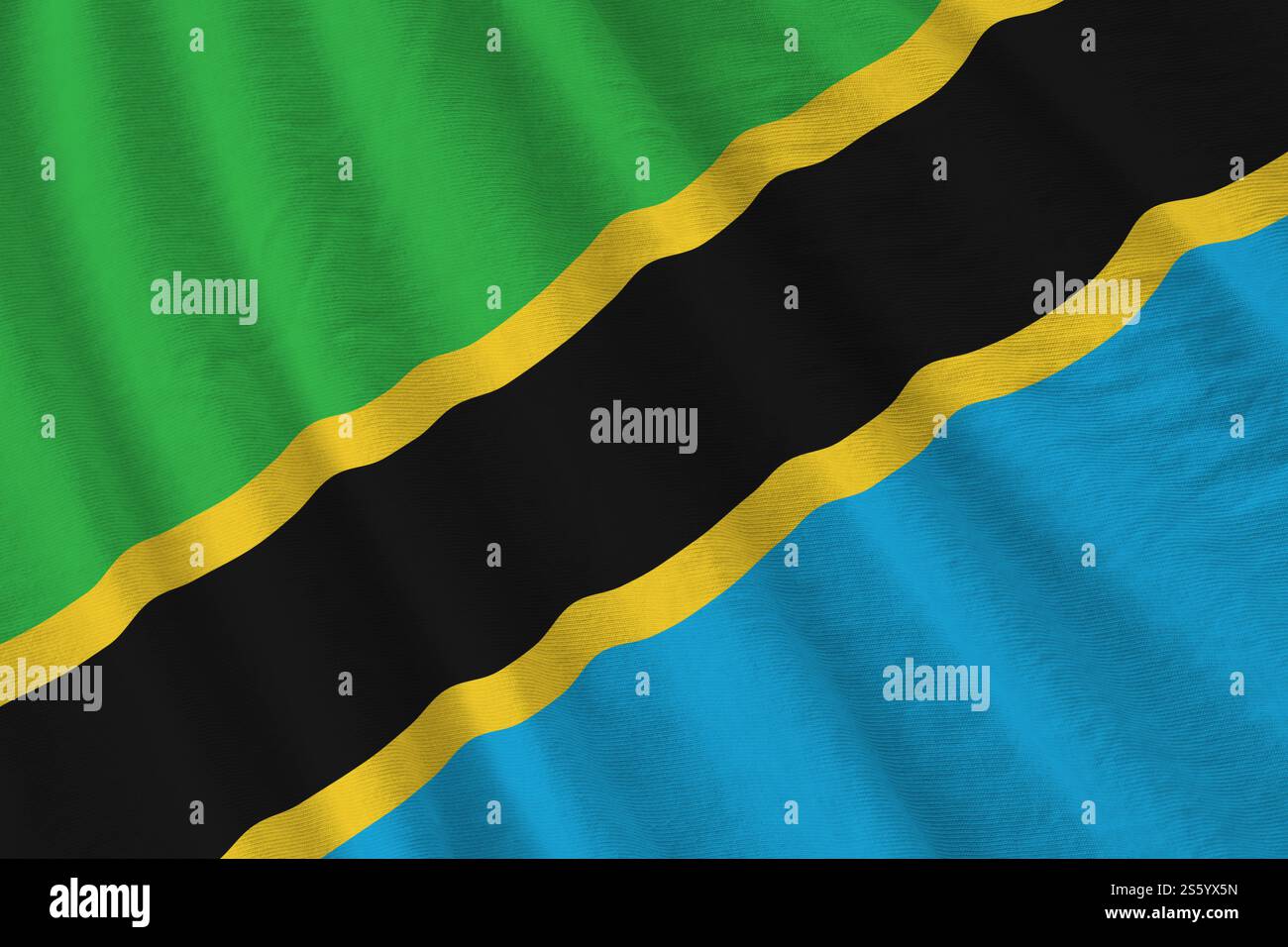 Tanzania flag with big folds waving close up under the studio light ...