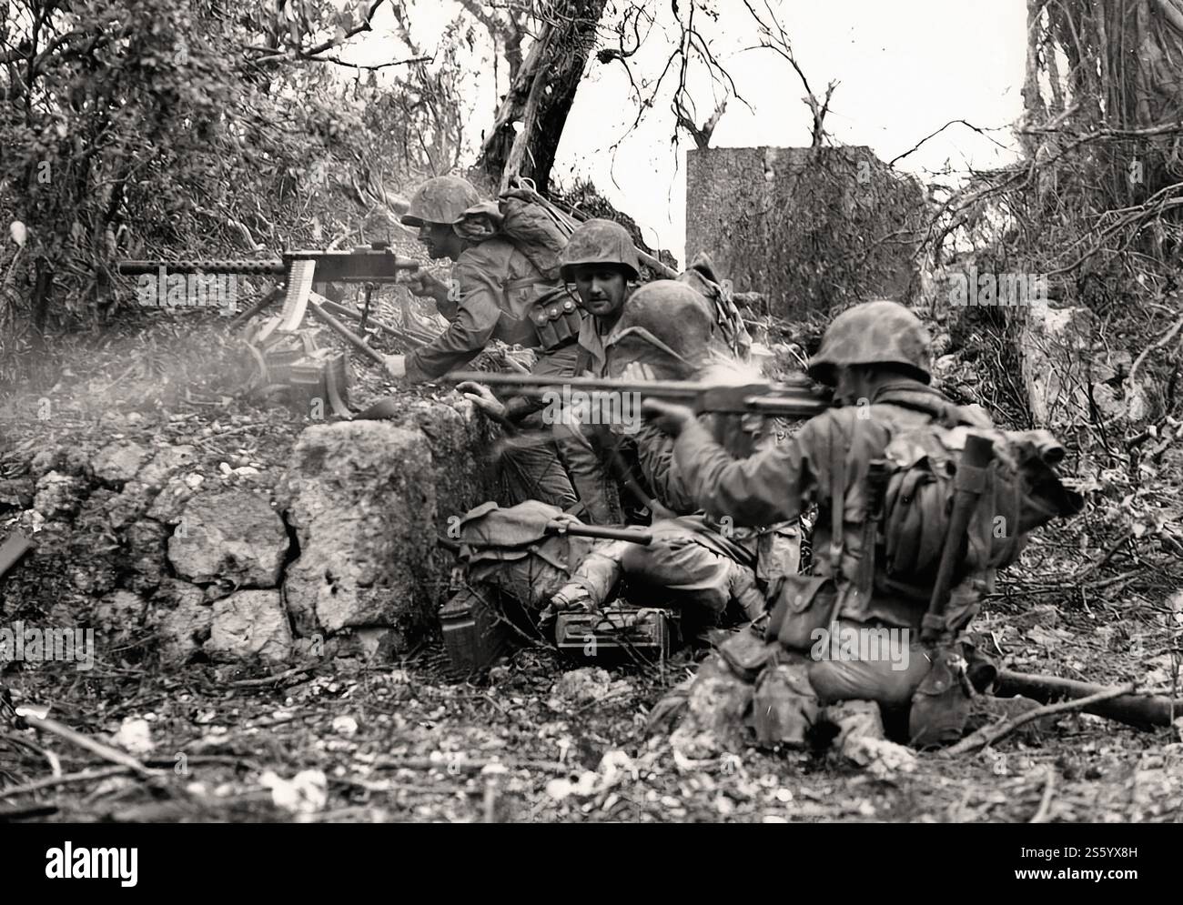 U.S. Marines firing a machine gun Browning M1919 during the fighting on ...