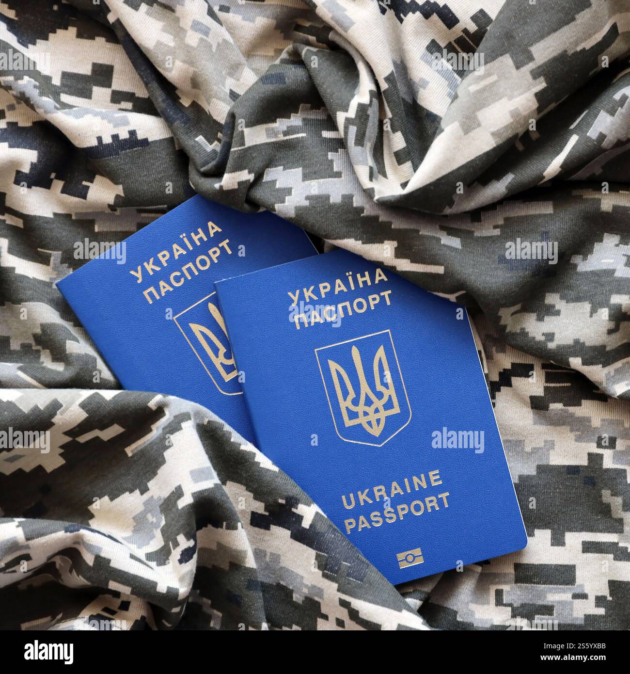 Ukrainian foreign passport on fabric with texture of military pixeled ...