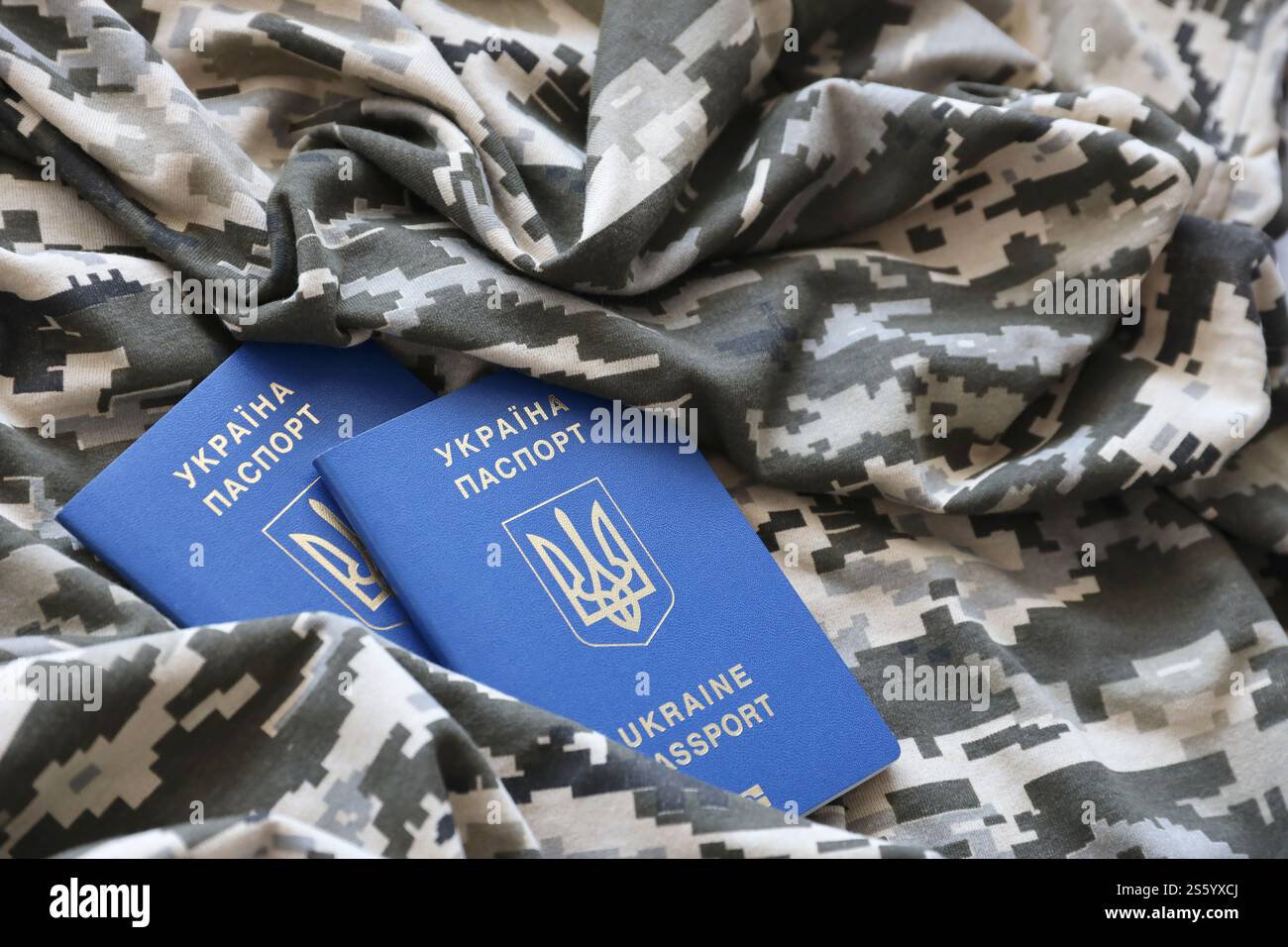 Ukrainian foreign passport on fabric with texture of military pixeled ...