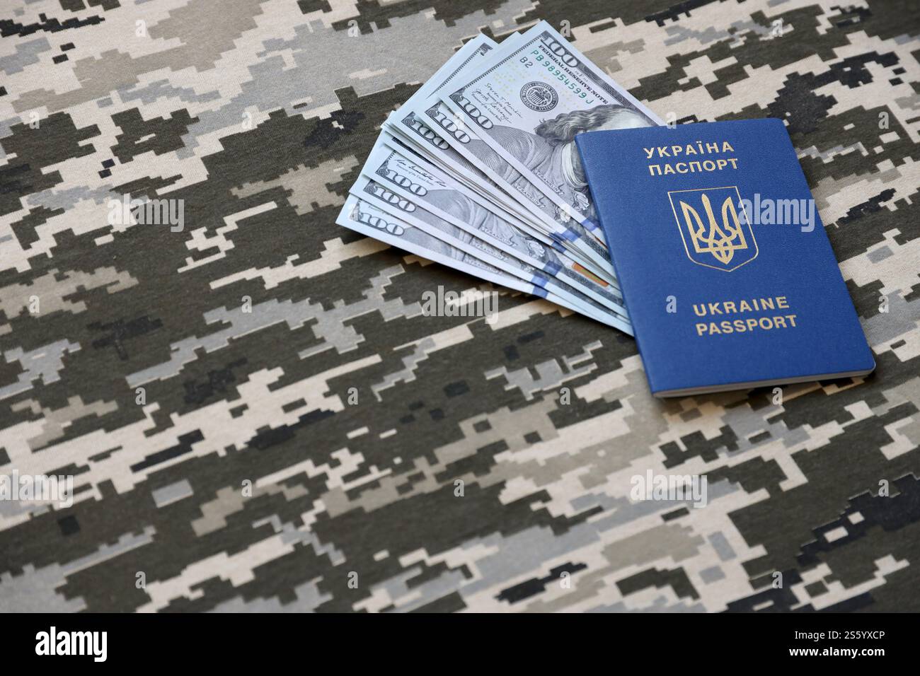 Ukrainian foreign passport on fabric with texture of military pixeled ...