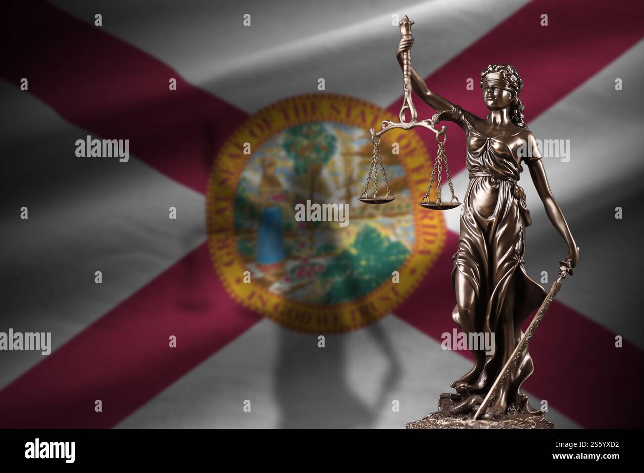 Florida US state flag with statue of lady justice and judicial scales ...