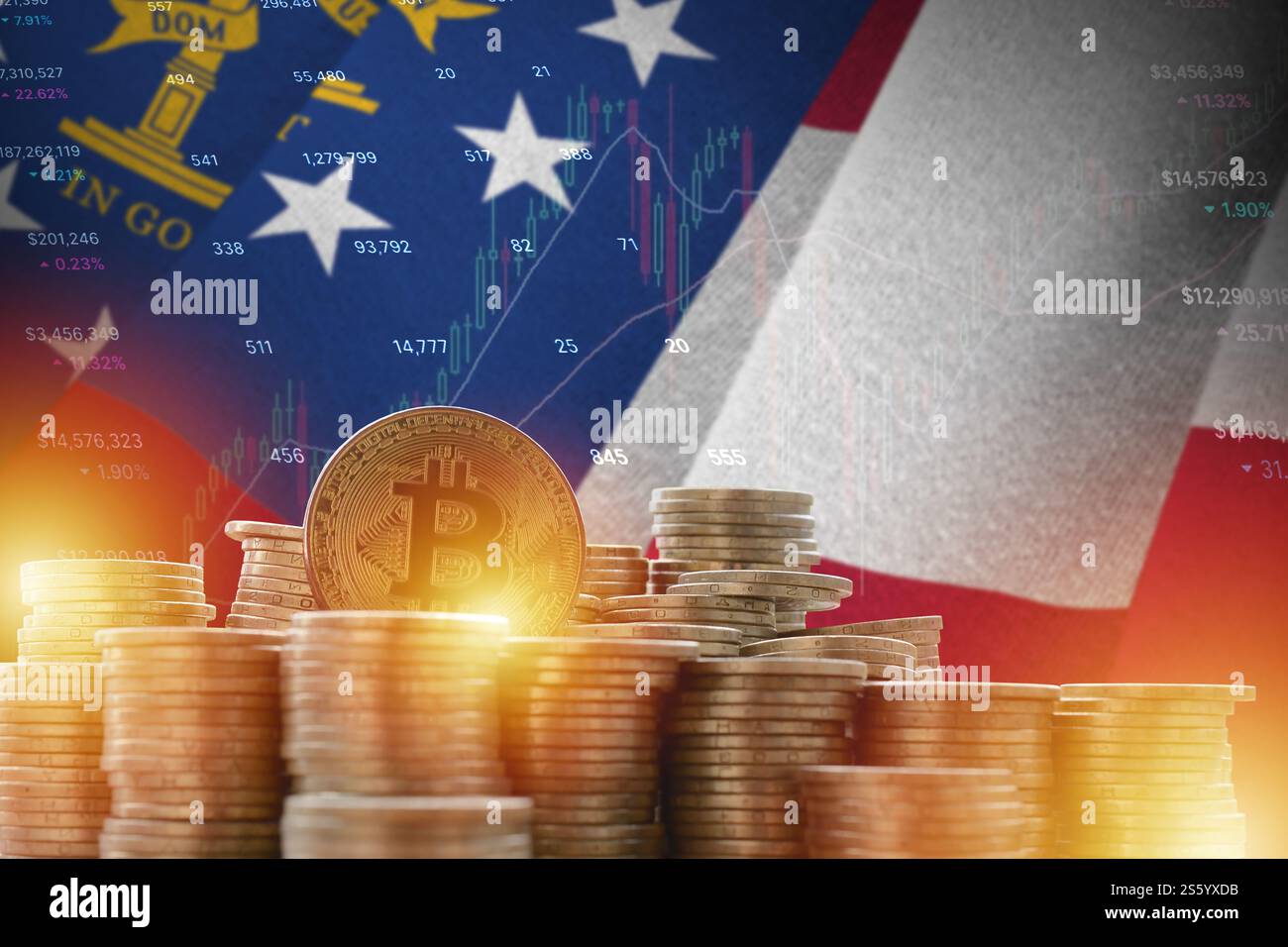 Georgia US state flag and big amount of golden bitcoin coins and ...