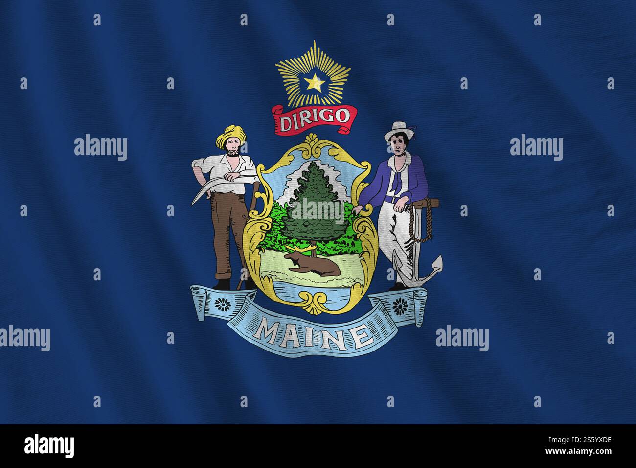 Maine US state flag with big folds waving close up under the studio ...