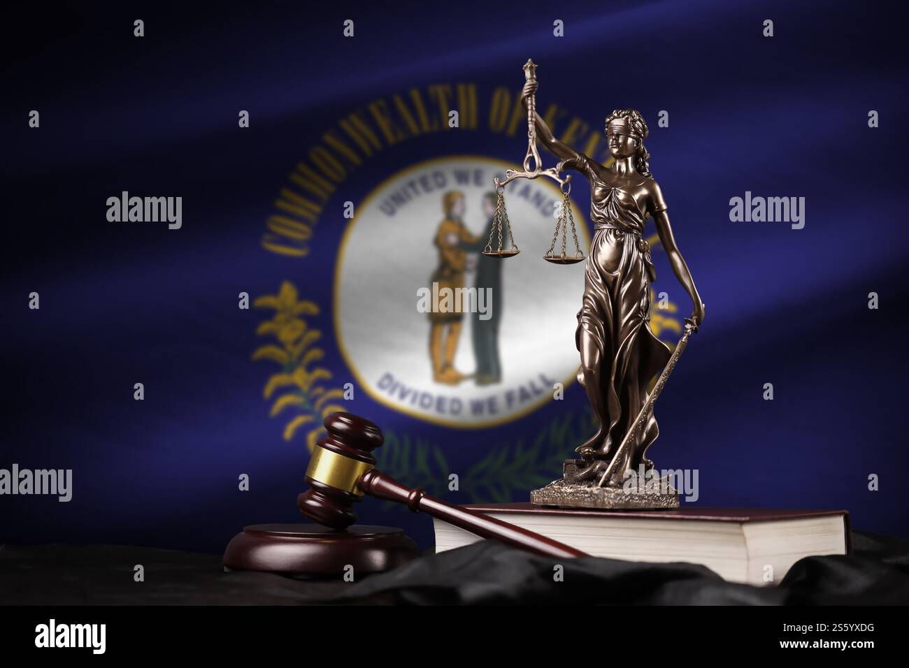 Kentucky US state flag with statue of lady justice, constitution and ...