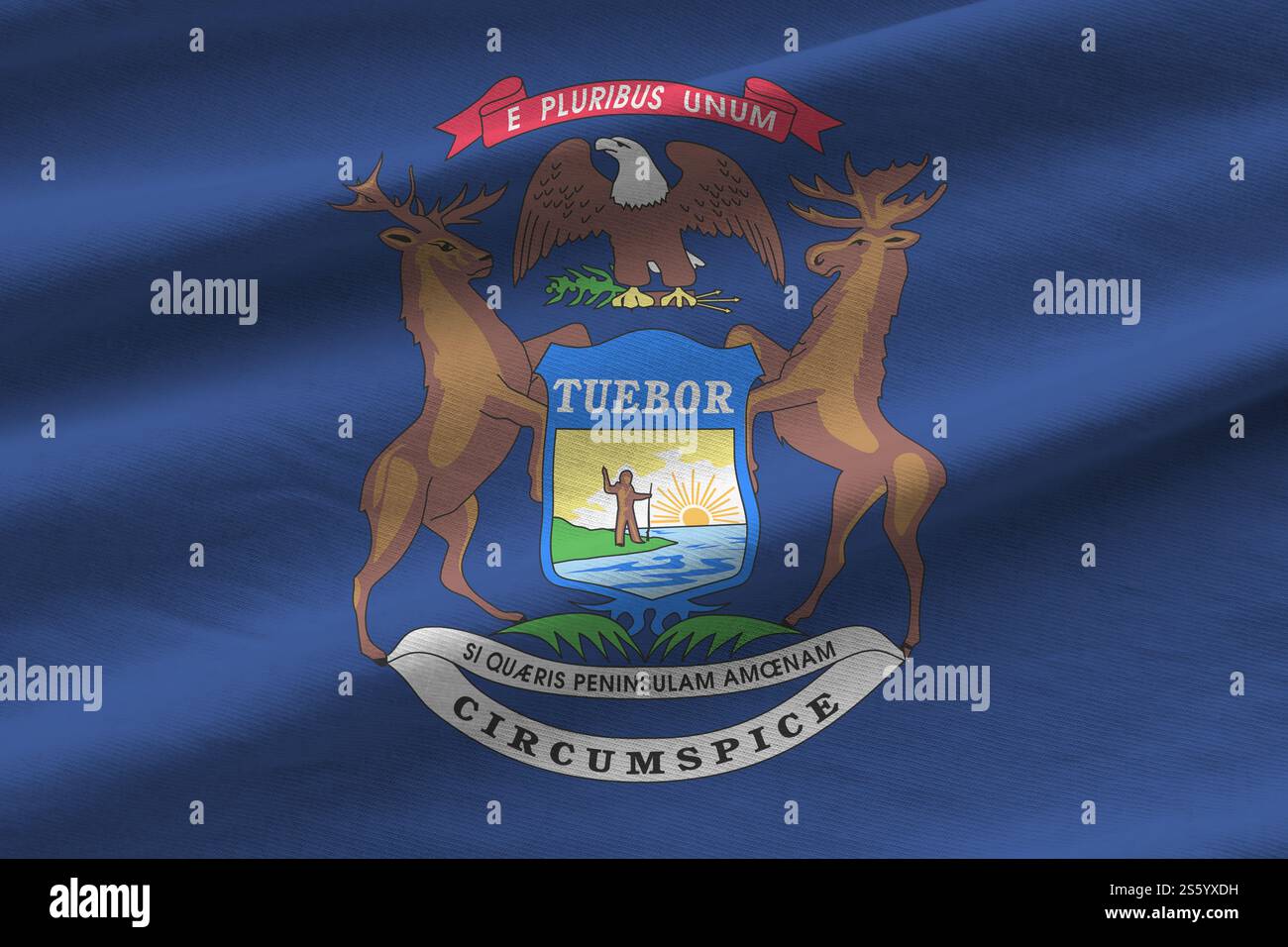 Michigan US state flag with big folds waving close up under the studio ...