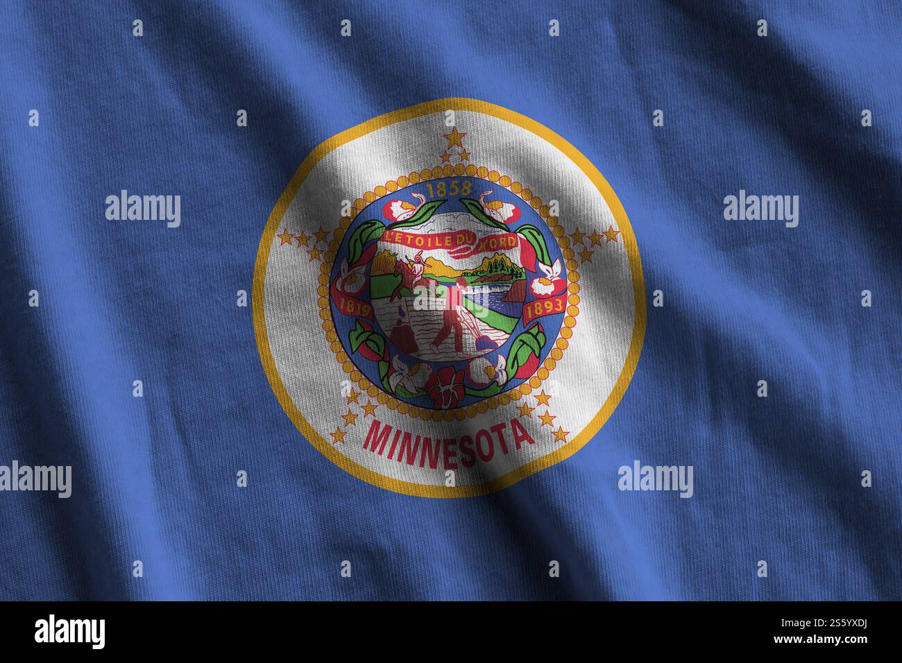 Minnesota US state flag with big folds waving close up under the studio ...