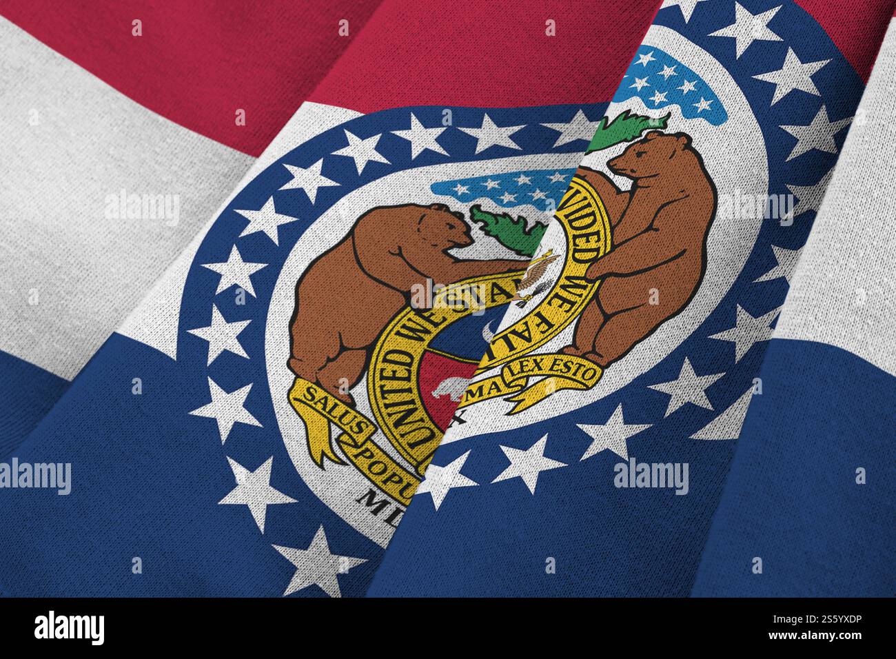 Missouri US state flag with big folds waving close up under the studio ...