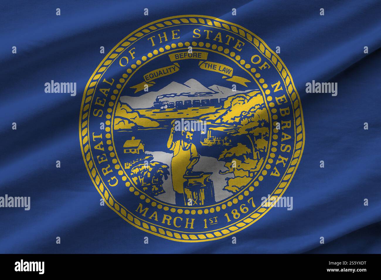Nebraska US state flag with big folds waving close up under the studio ...