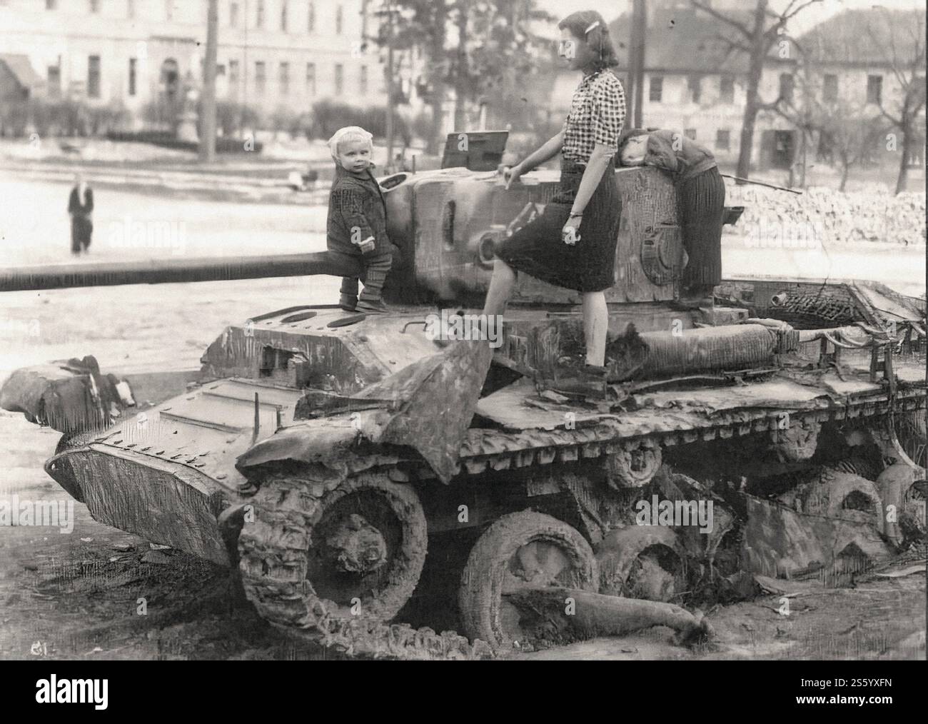 Woman and her child on a British Infantry Tank - Valentine - IX. Czech ...