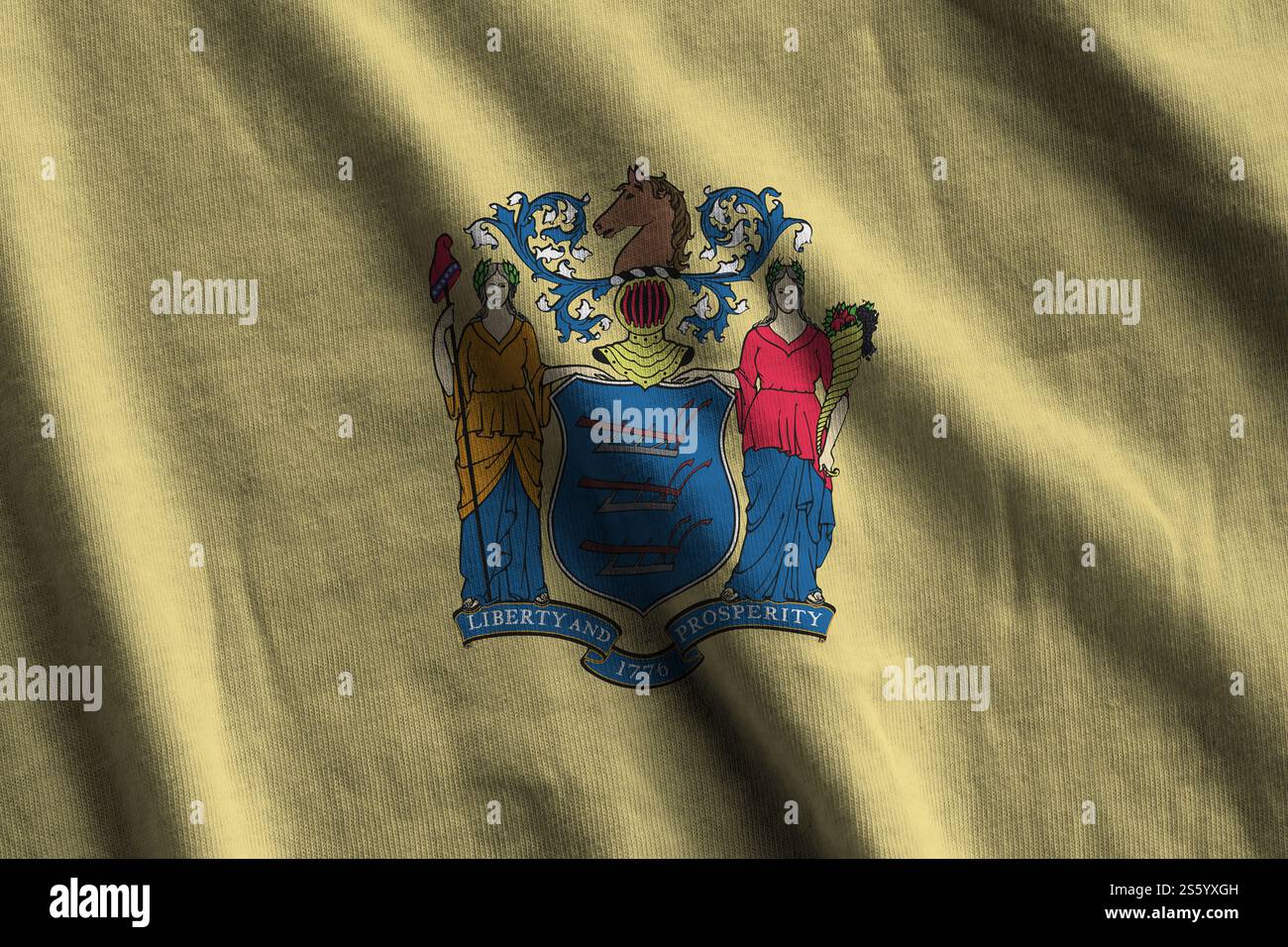 New Jersey US state flag with big folds waving close up under the ...