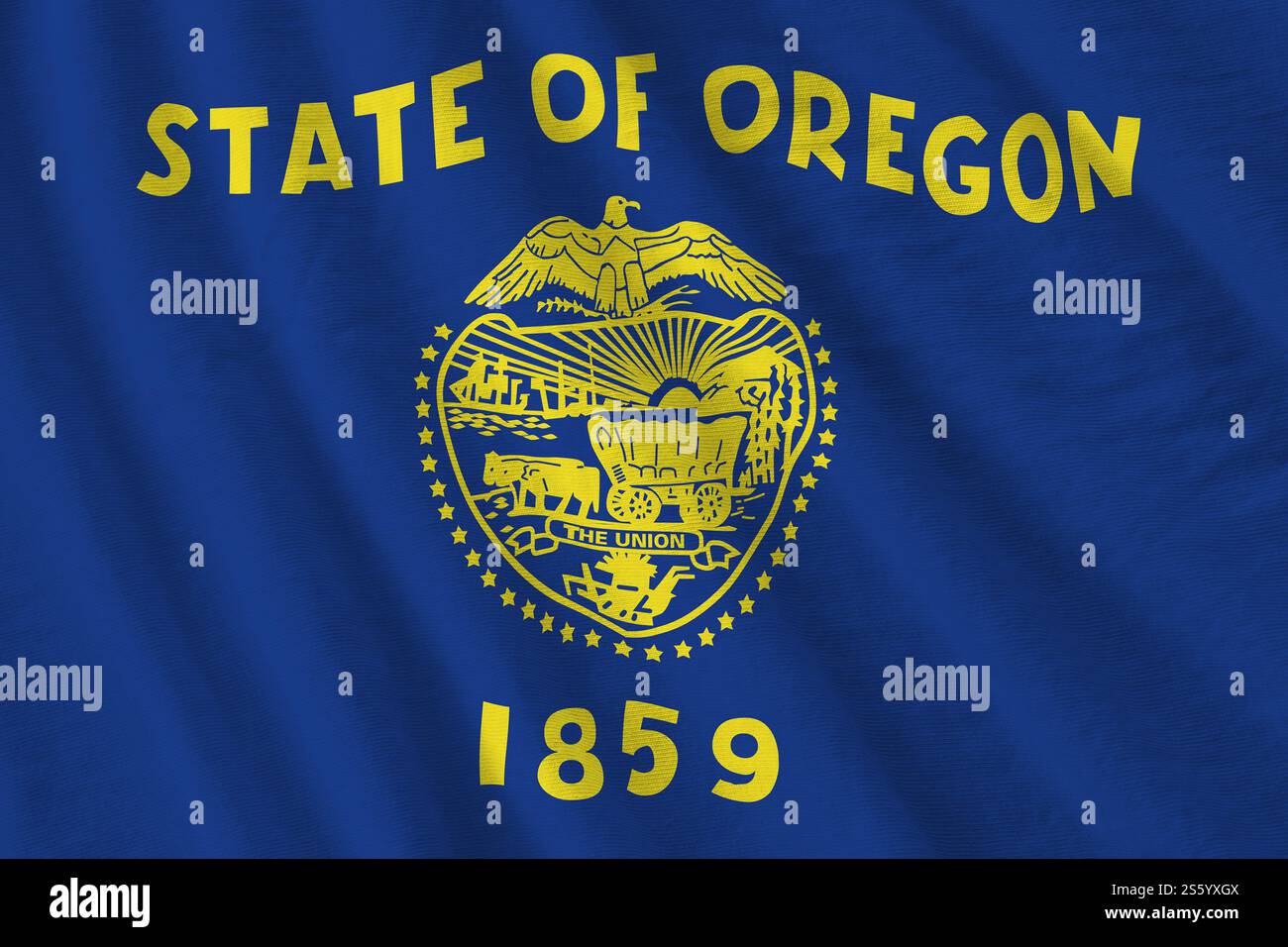 Oregon US state flag with big folds waving close up under the studio ...