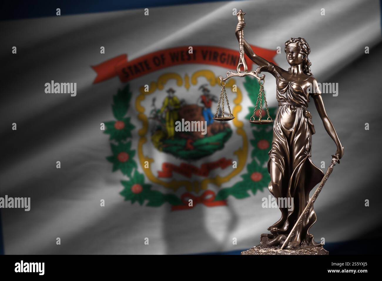 West Virginia US state flag with statue of lady justice and judicial ...