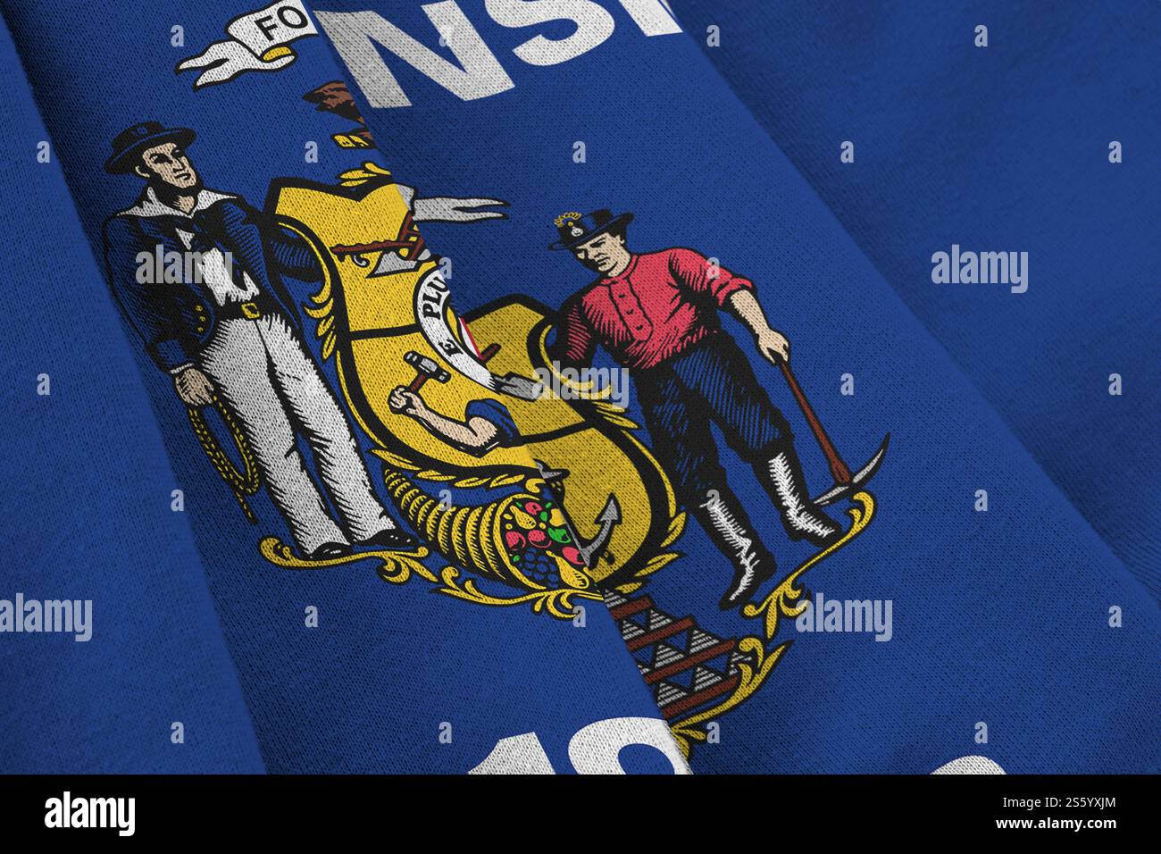 Wisconsin US state flag with big folds waving close up under the studio ...