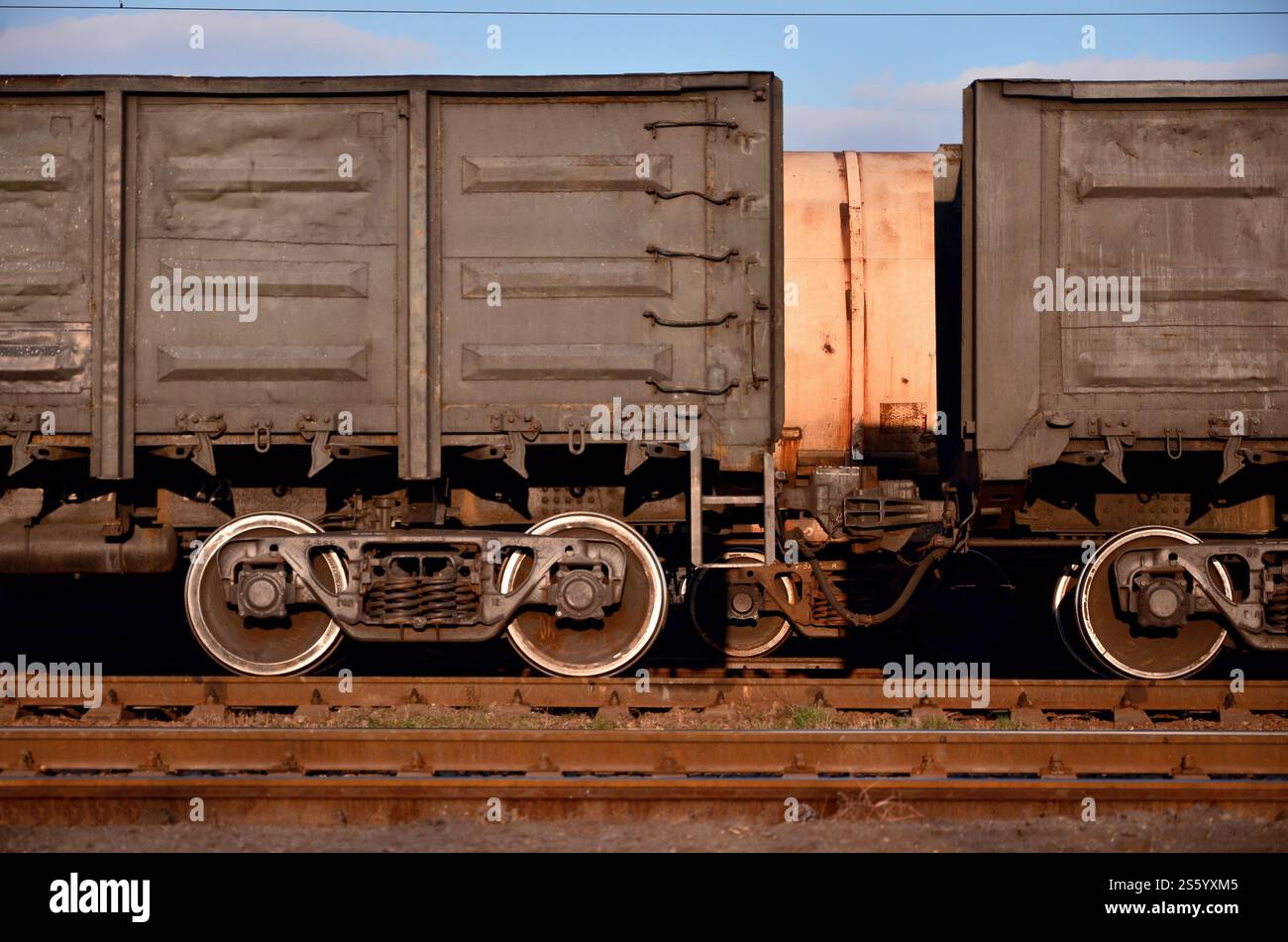 Detailed photo of railway freight car. A fragment of the component ...