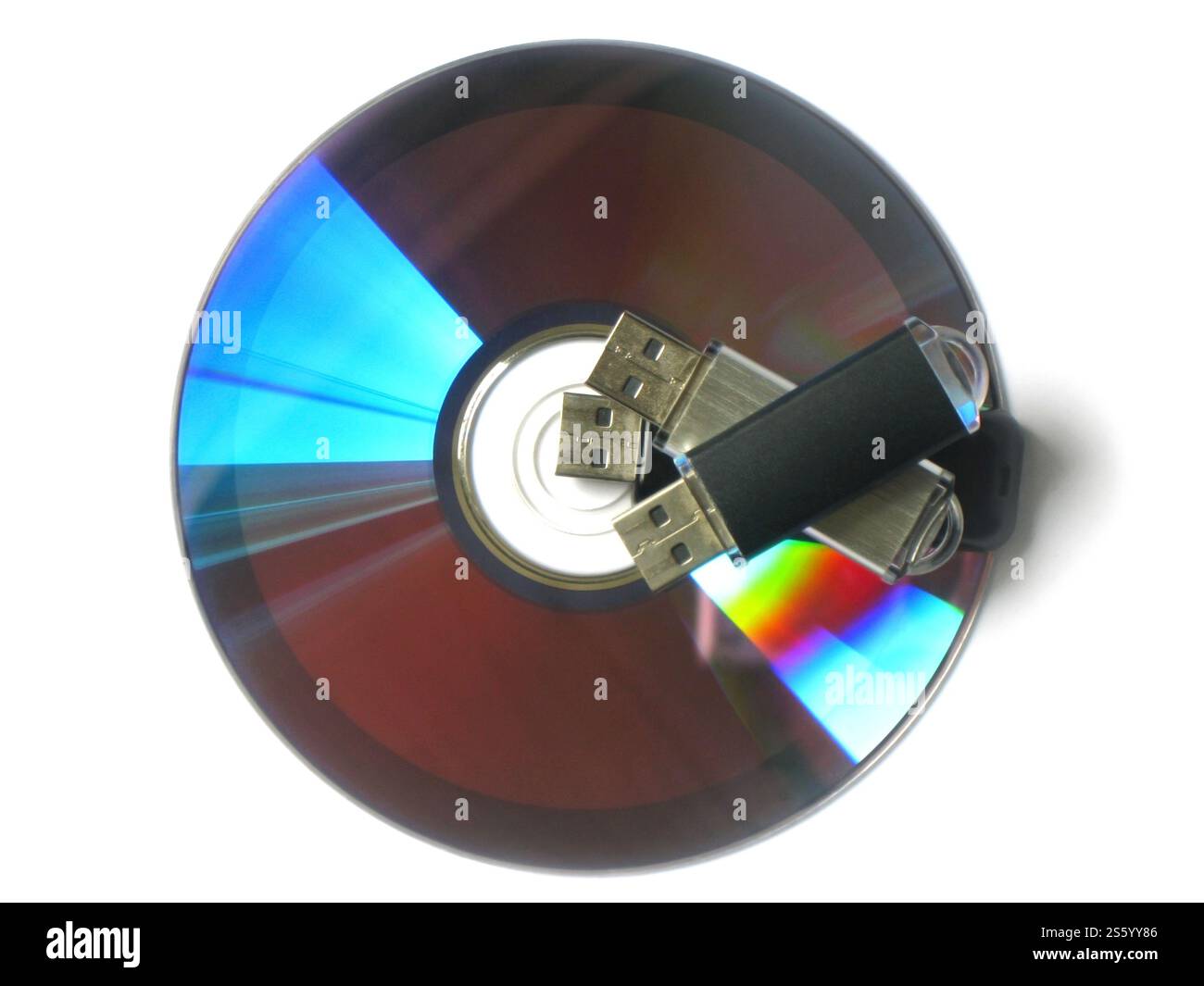Media storage, CD or DVD disc and usb memory cards isolated on white ...