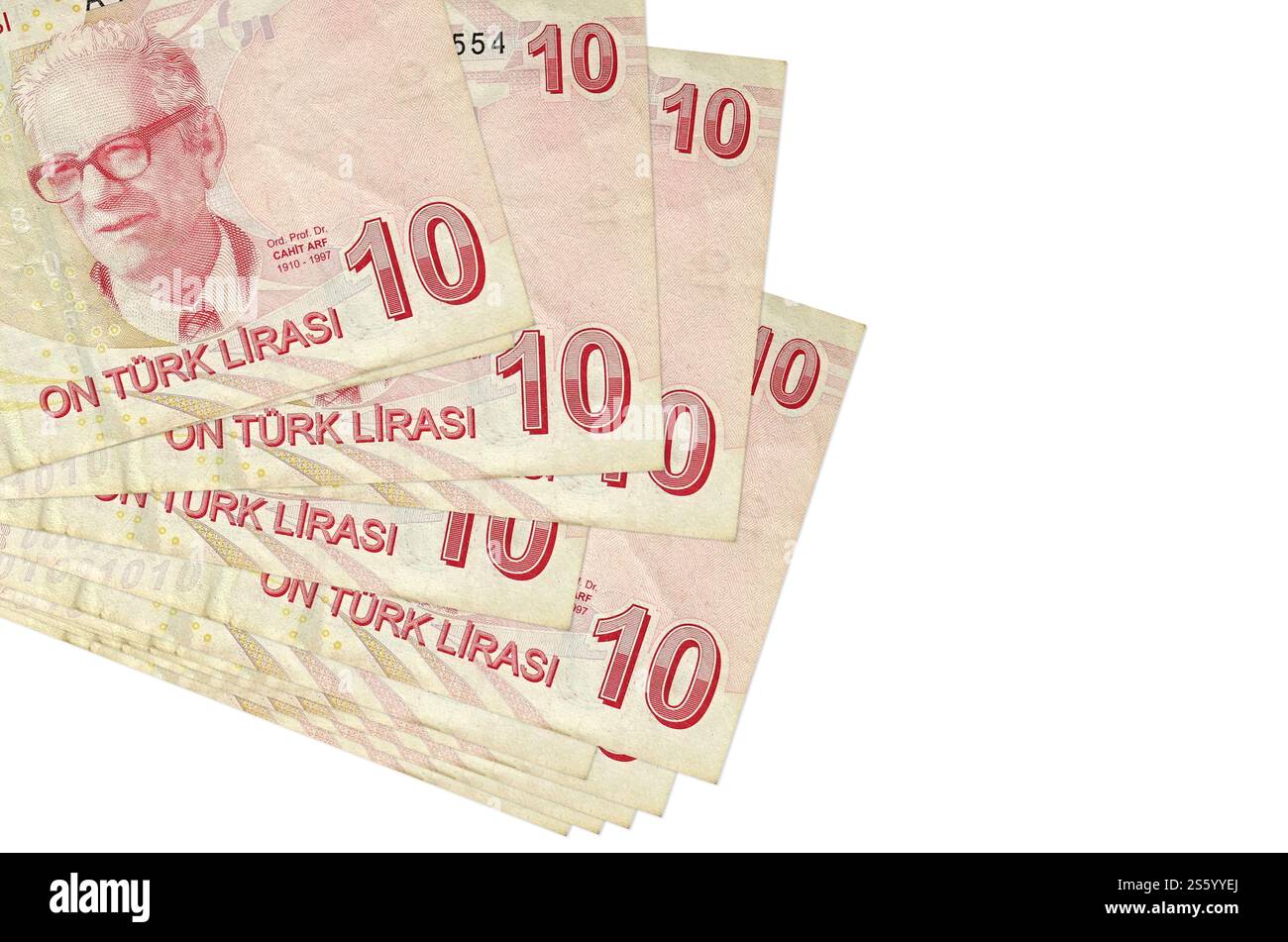 10 Turkish liras bills lies in small bunch or pack isolated on white ...